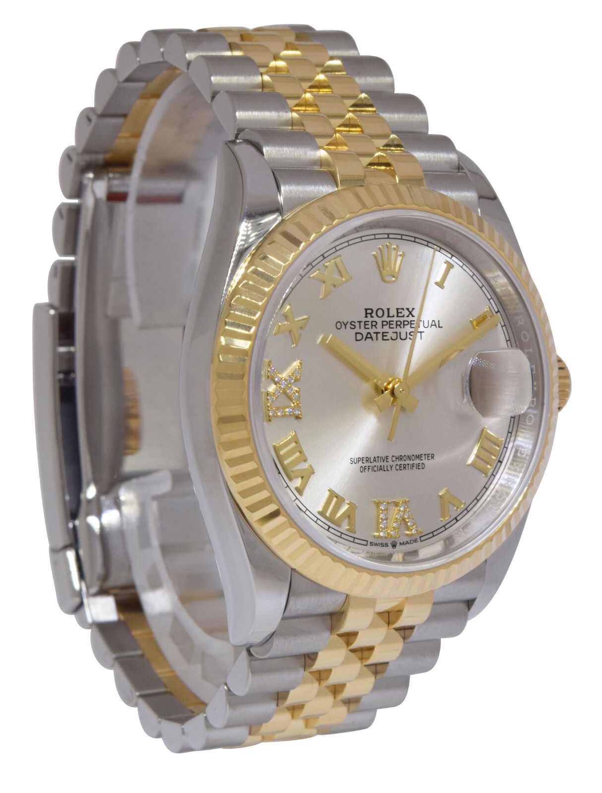 Rolex Datejust 36 18k Yellow Gold/Steel Silver Diamond 6-9 Dial Watch ...